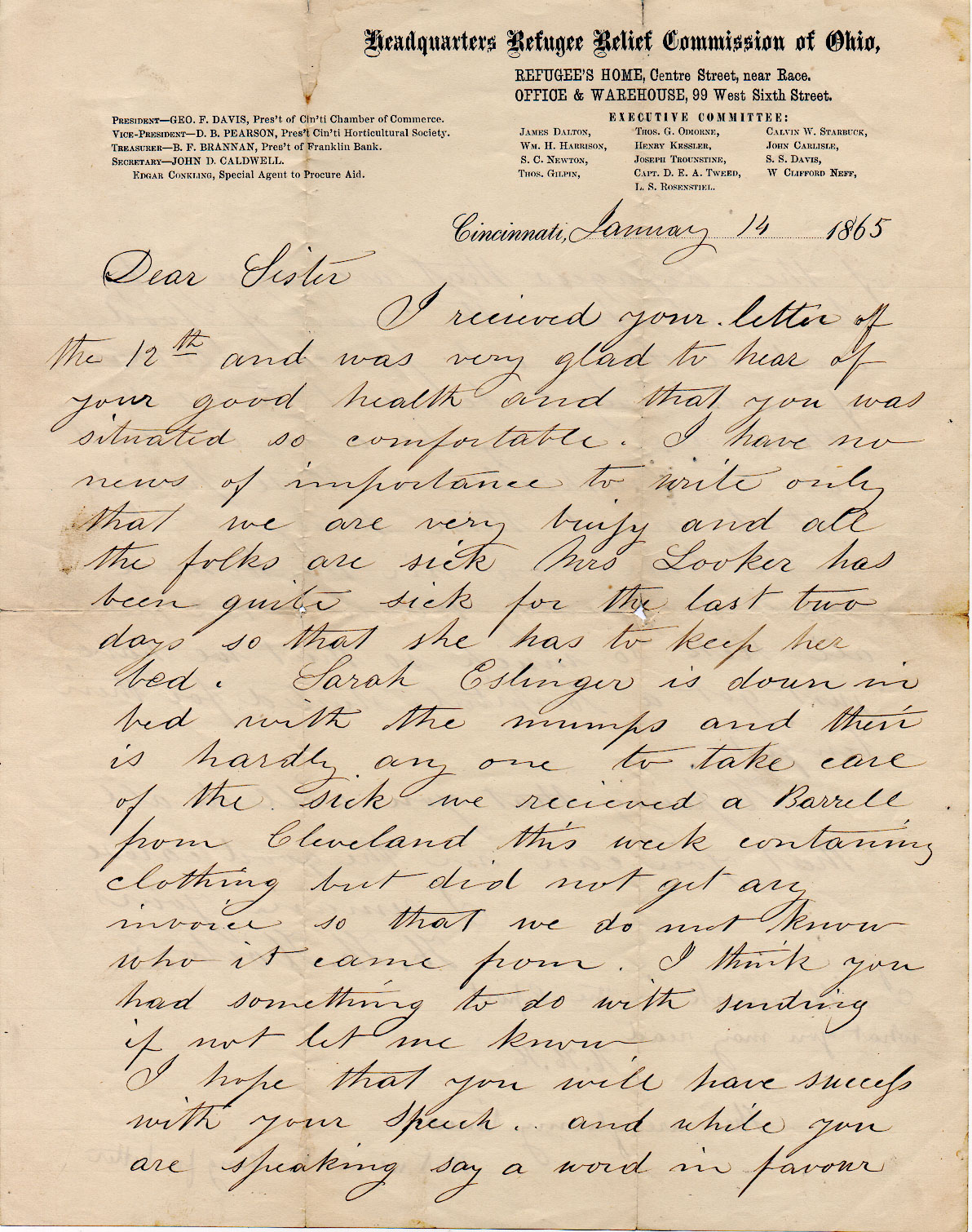 Thompson Papers - Letter from H.H. Horton to Sarah Thompson, January 14 ...